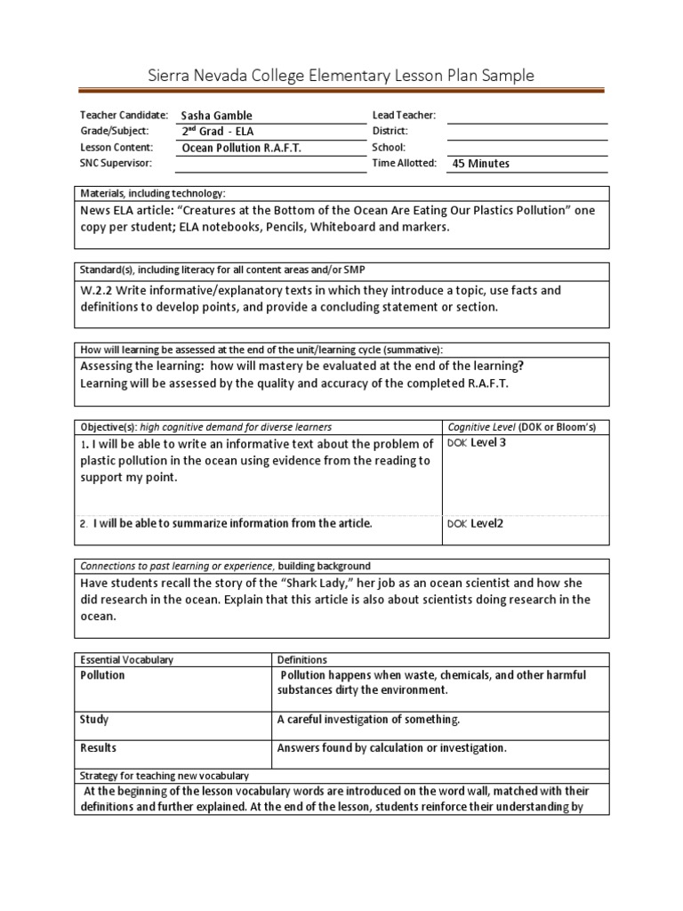 Sierra Nevada College Elementary Lesson Plan Sample: - I Will Be Able ...