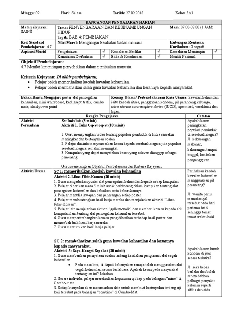 RPH Sains Tingkatan 3 - Pernilaian | PDF