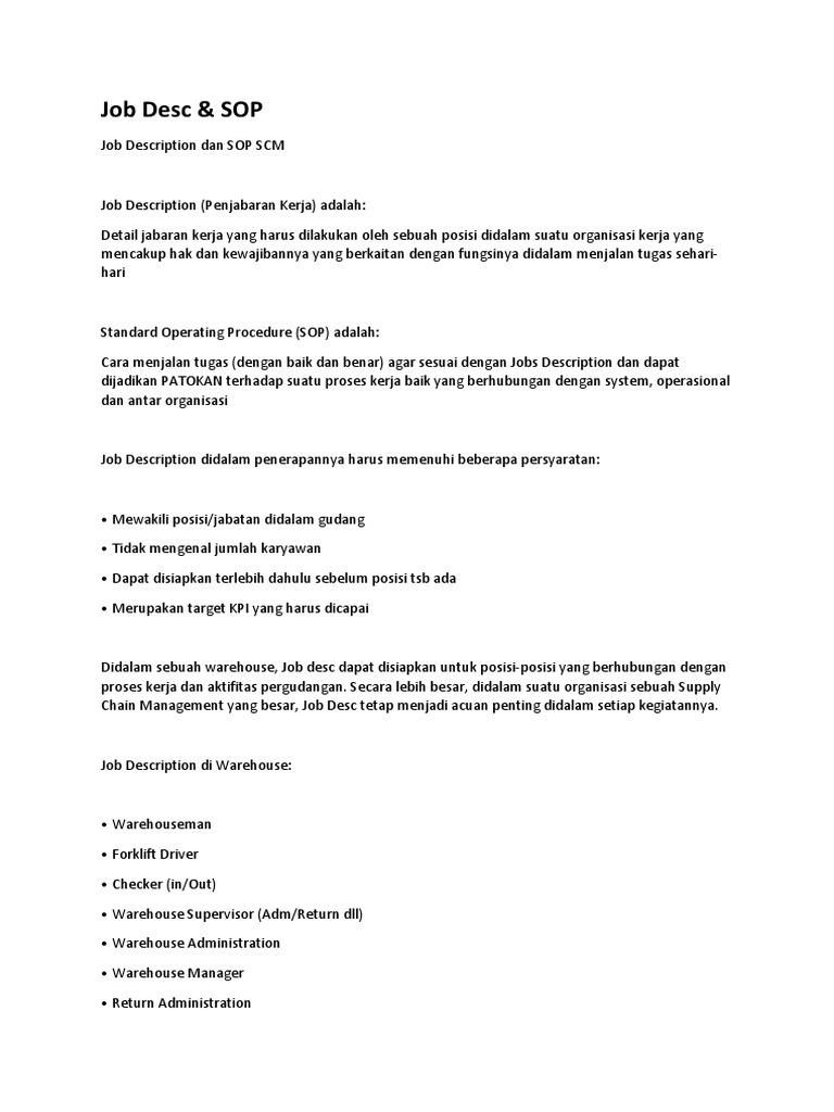 Job Desc Dan Sop | PDF | Bisnis | Pengelolaan Keuangan & Uang
