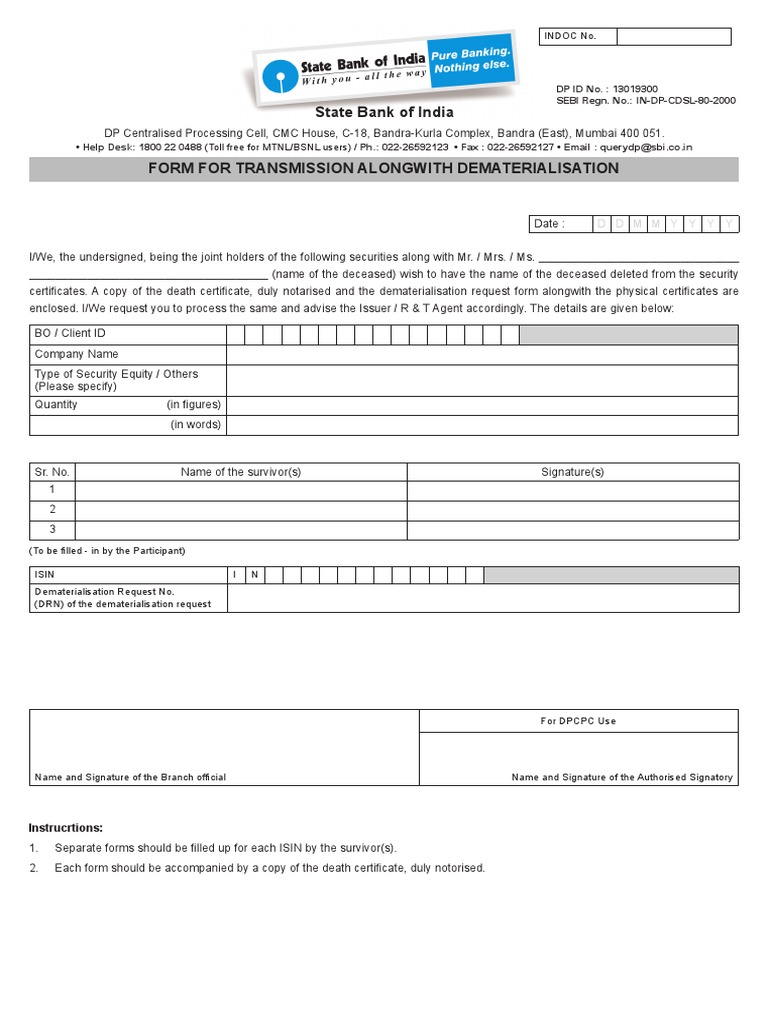 Transmission Cum Demat Form
