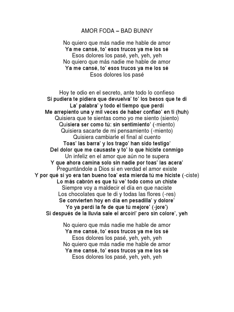 Letra de "Amorfoda" de Bad Bunny | PDF