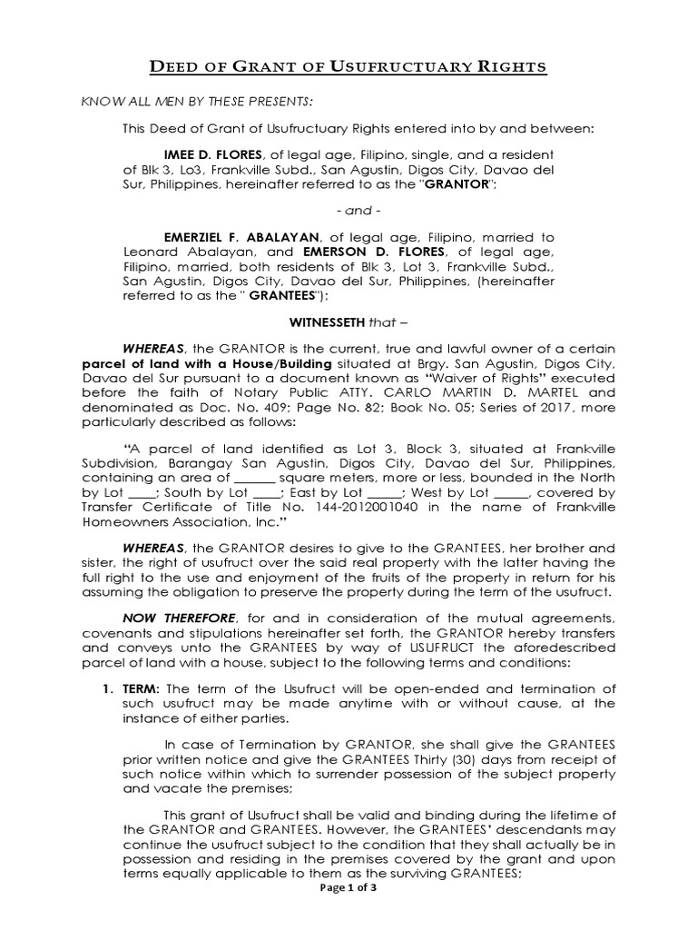 Deed of Grant of Usufructuary Rights | PDF | Property | Taxes
