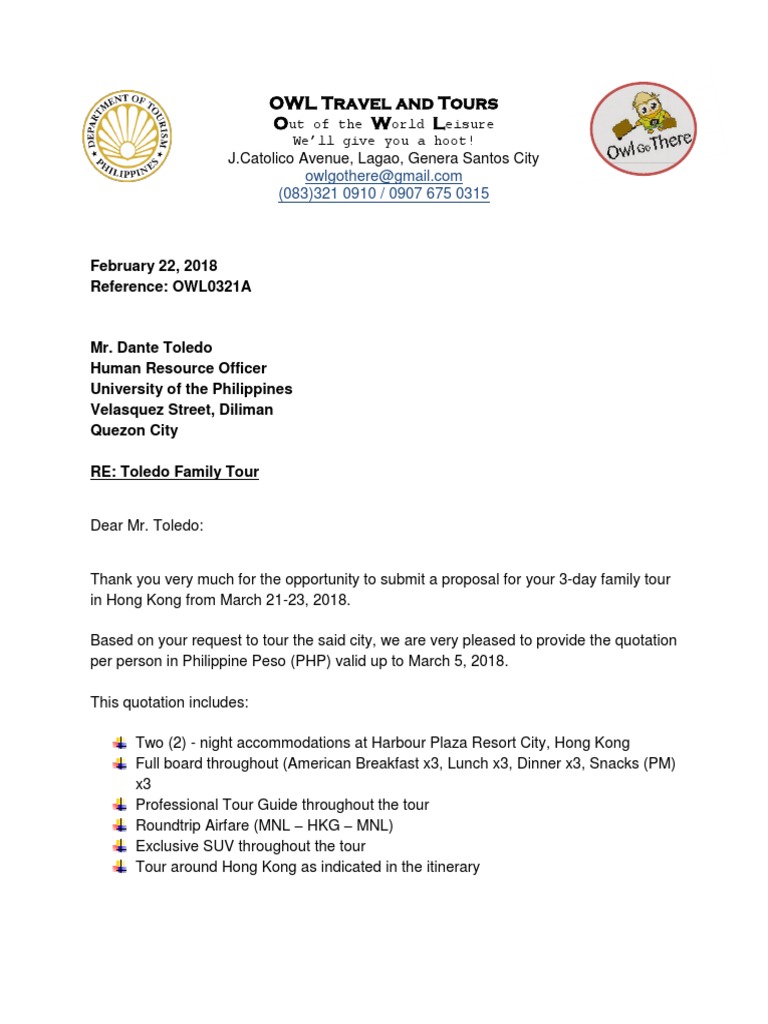 OWL Travel and Tours O W L: February 22, 2018 Reference: OWL0321A | PDF ...