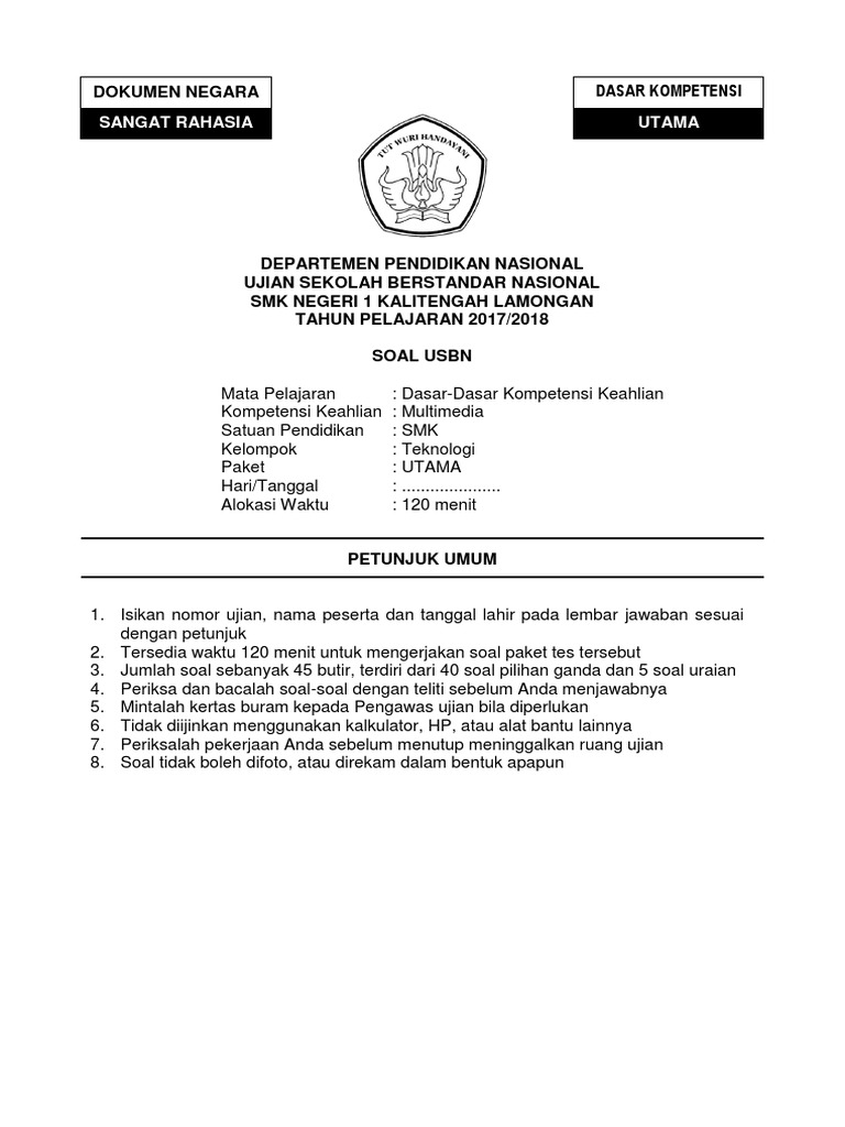 Sampul Soal Ujian Sekolah SMK 2017/2018 | PDF
