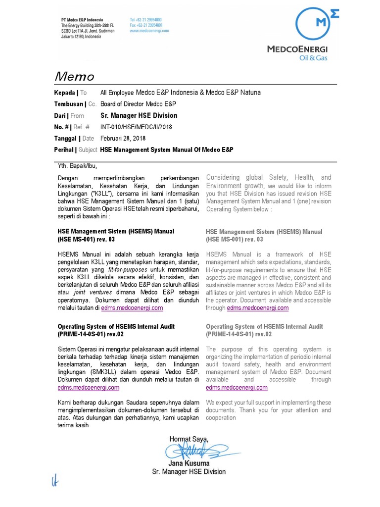 2018 - InT-010 HSE MEDC II 2018 - Memo Announcement HSEMS and Internal ...