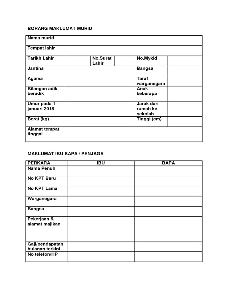 Borang Maklumat Murid | PDF