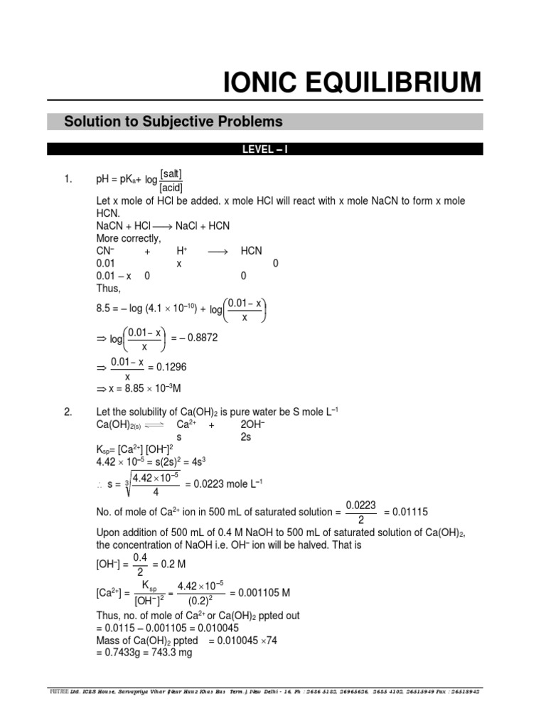 Ionic Equilibrium: Solution To Subjective Problems | PDF | Ph | Buffer Solution