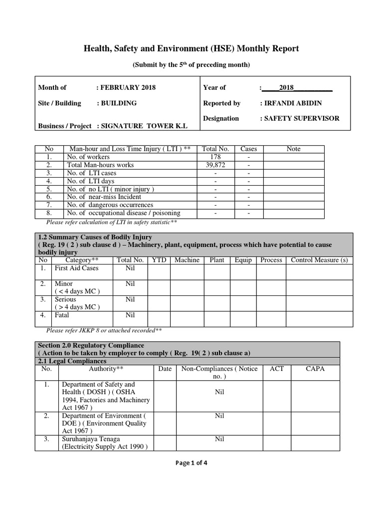 Health, Safety and Environment (HSE) Monthly Report: Please Refer ...