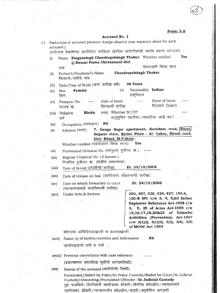 Chargesheet and Related Documents-Malegaon Bomb Blast Case | PDF