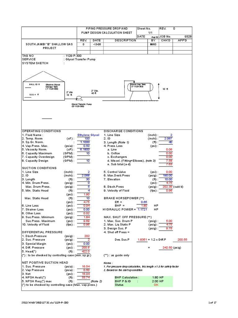 Piping Pressure Drop and Pump Design Calculation Sheet: Operating ...