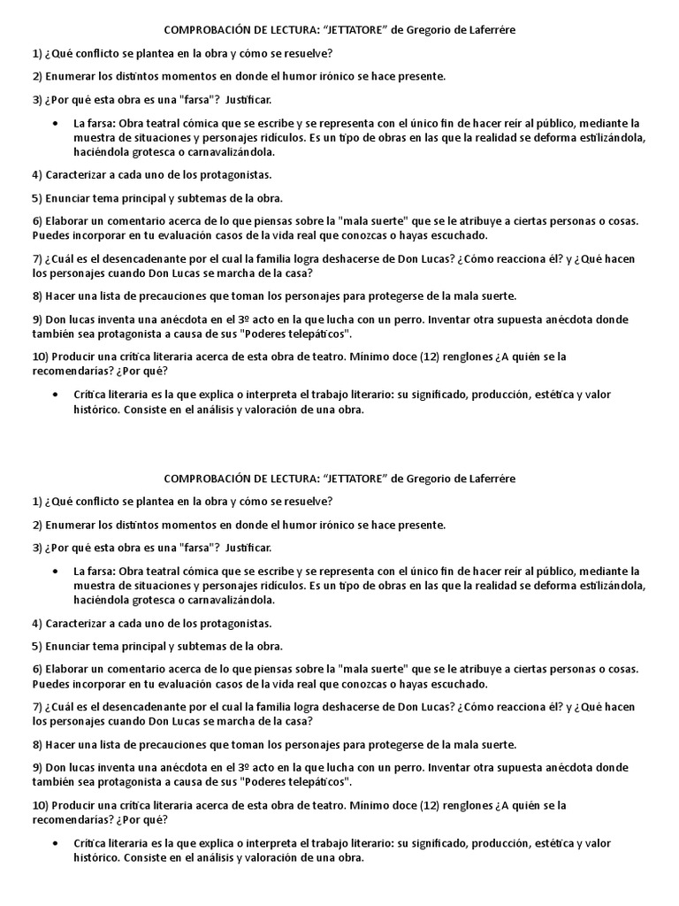 Comprobación de Lectura Jettatore | PDF | Humor | Crítica literaria