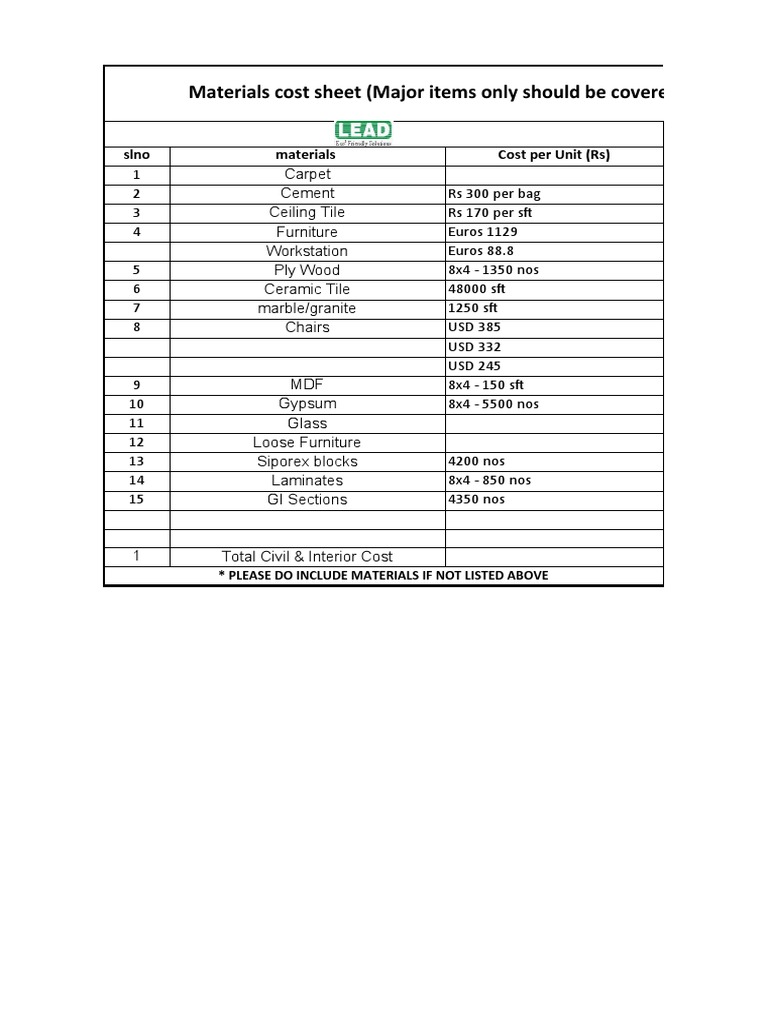 Materials Cost Sheet | PDF