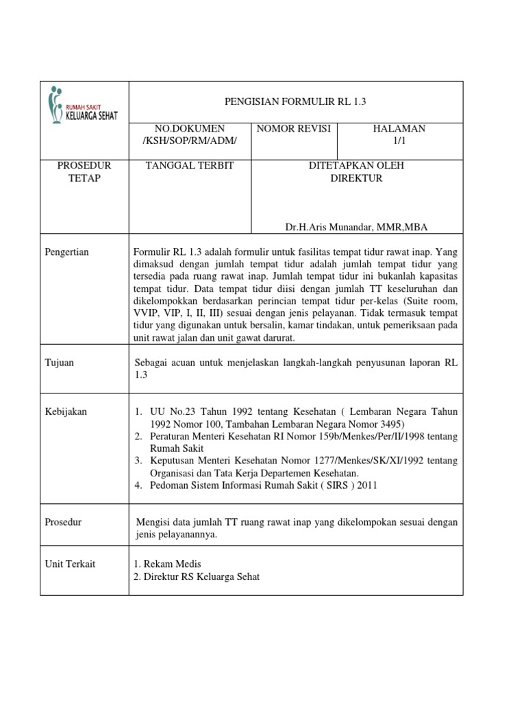 Pengisian Formulir RL 1.3 Rumah Sakit | PDF