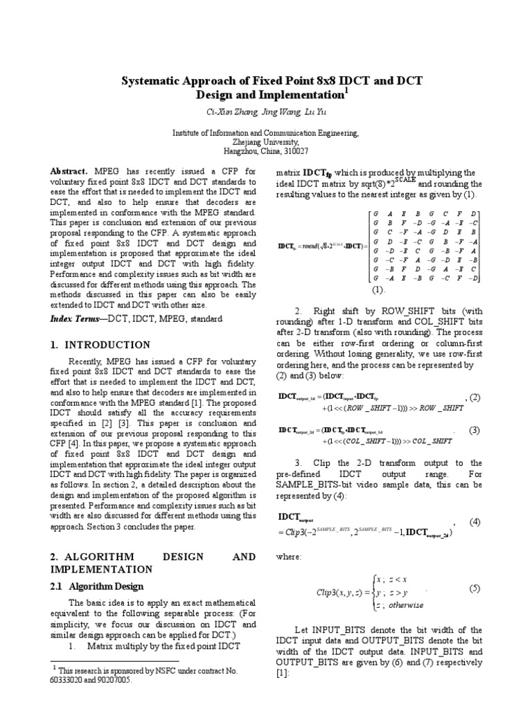 Systematic Approach Of Fixed Point 8x8 Idct And Dct Pdf Teaching