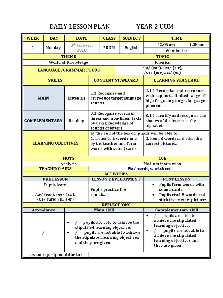 Daily Lesson Plan Year 2 Uum: 8 January, 2018 | PDF | Phonics | Lesson Plan