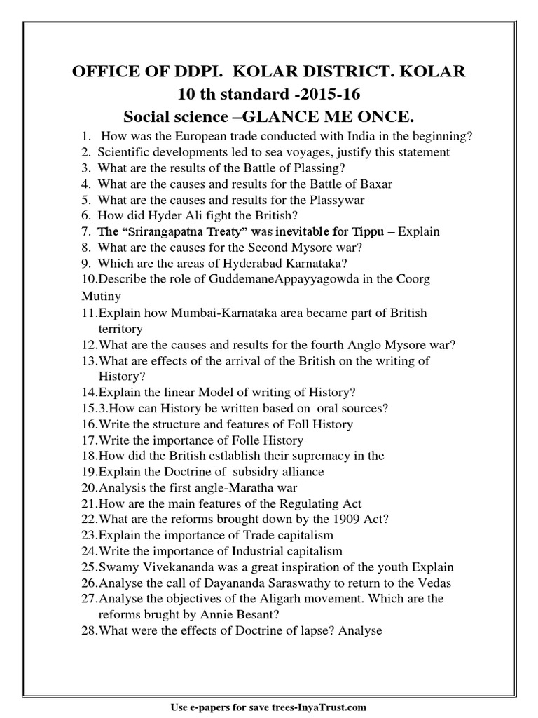 10th Social Science Eng Medium Question Bank-2016 Kolar | PDF ...