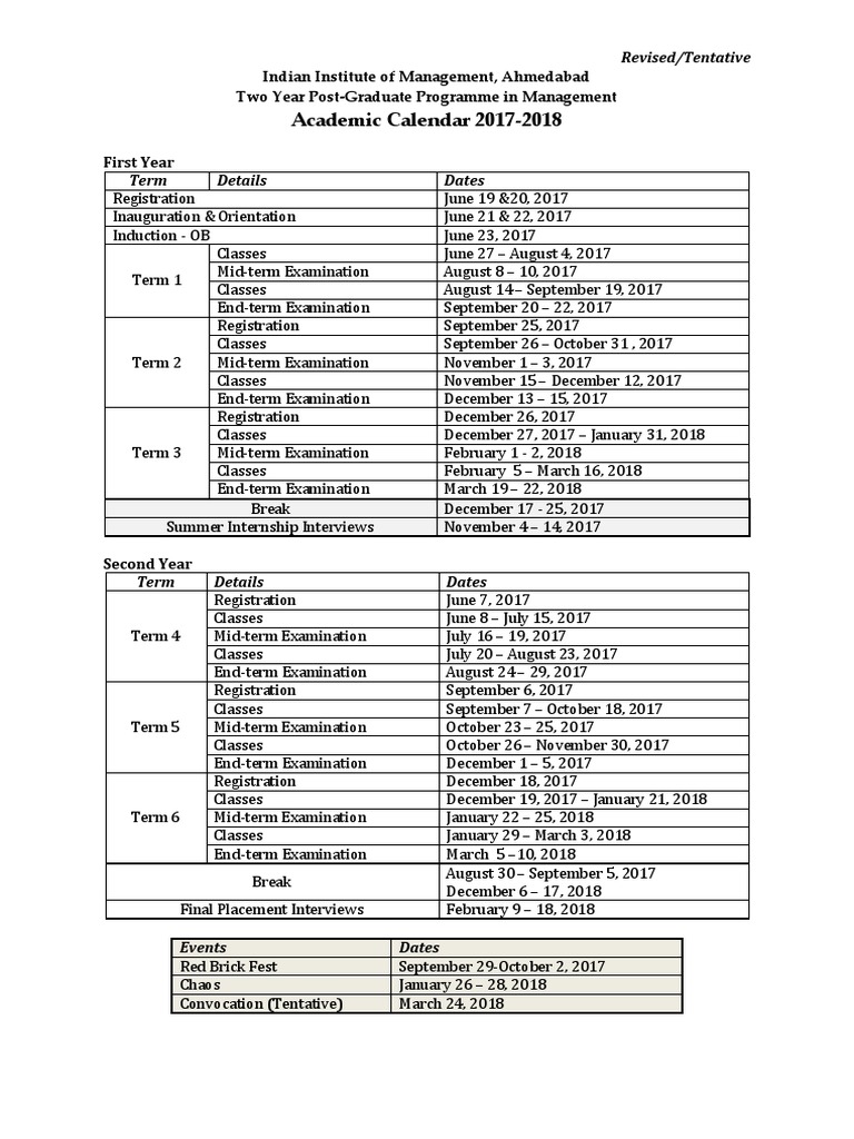 Academic Calendar 2017-2018: Indian Institute of Management, Ahmedabad ...