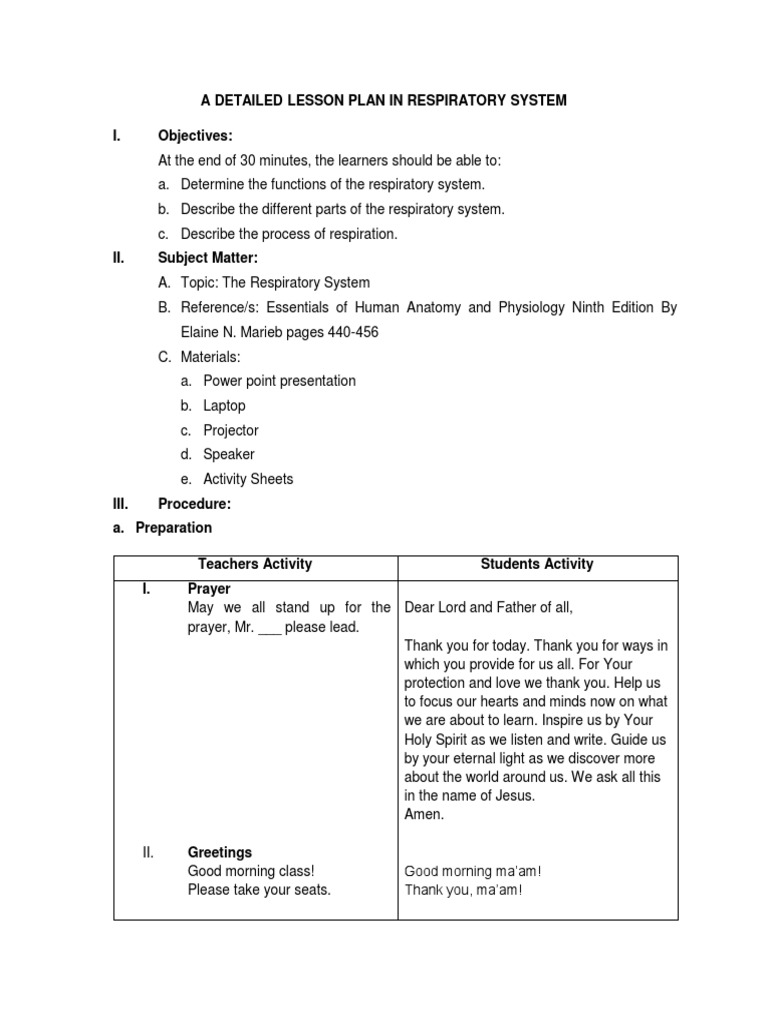A Detailed Lesson Plan in Respiratory System | PDF | Blood | Lesson Plan