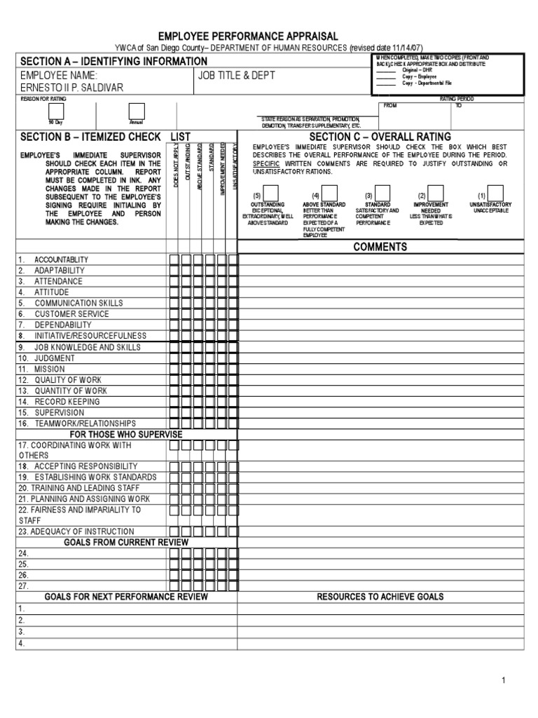 Employee Performance Appraisal Section A - Identifying Information ...