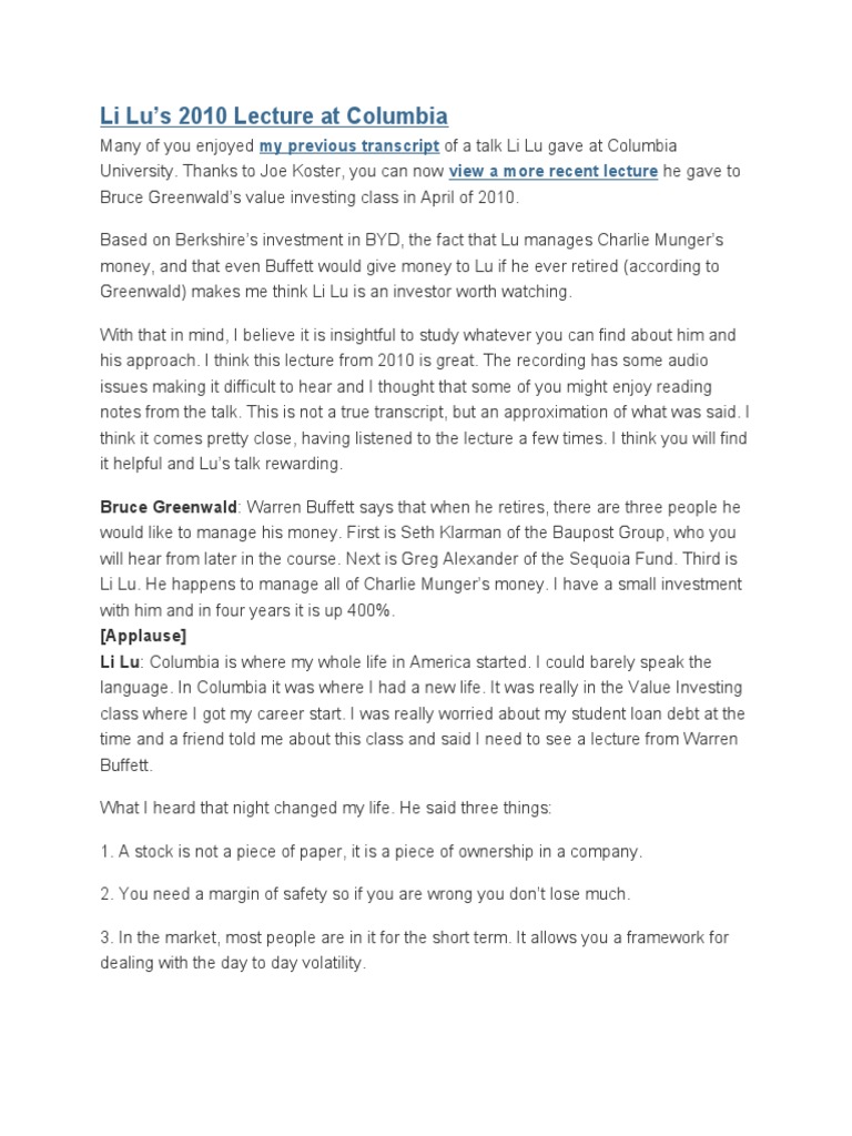 Li Lu Lecture | PDF | Value Investing | Investing