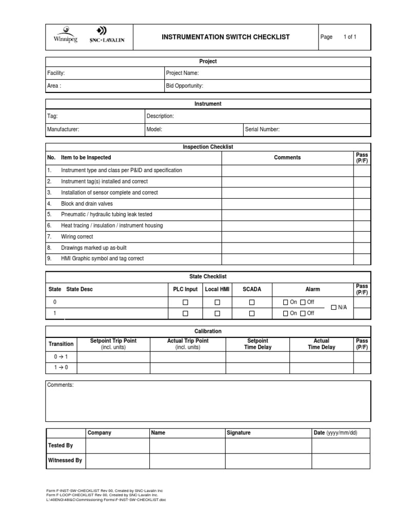 Instrumentation Commissioning Checklist | PDF | Instrumentation ...