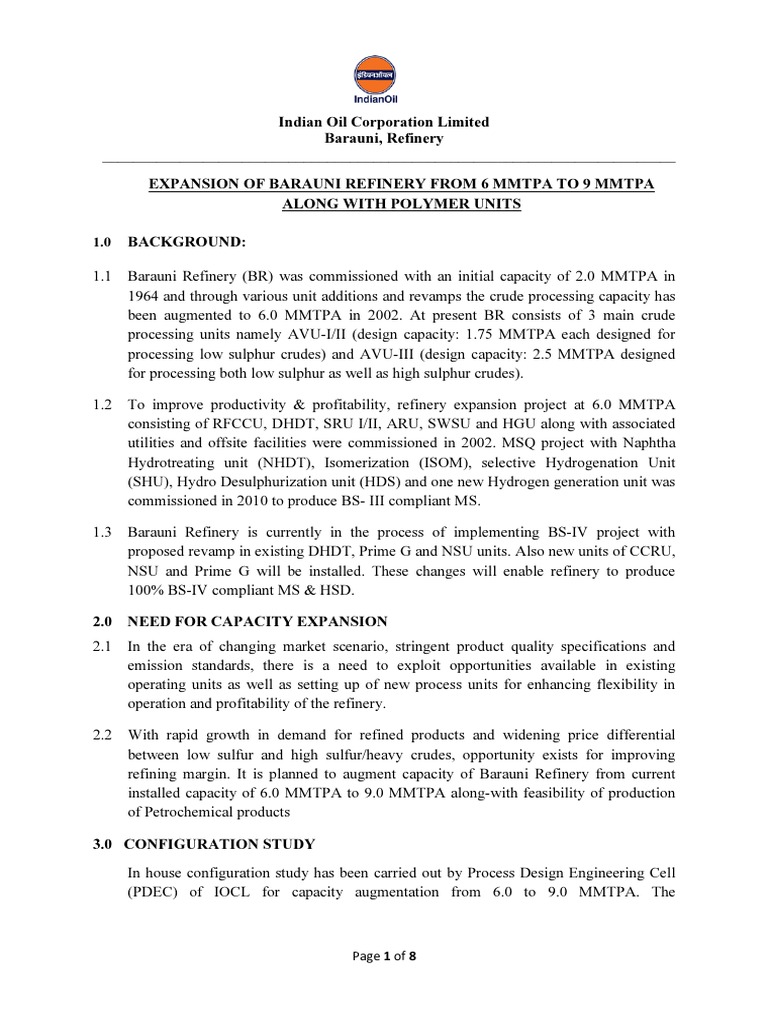 Barauni Refinery Unit Capacities | PDF | Oil Refinery | Cracking ...