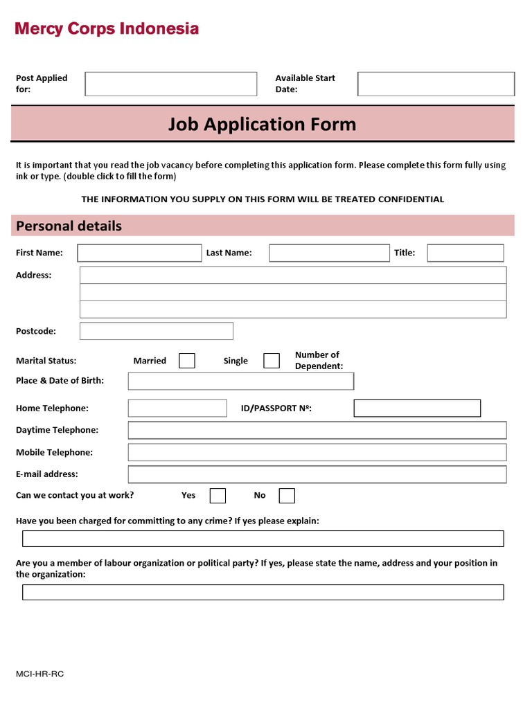 MCI - Job Application Form | PDF | Salary | Government