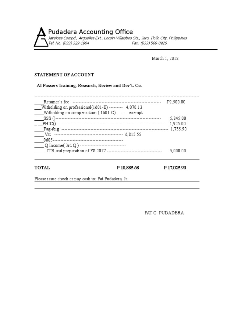 Pudadera Accounting Office: Statement of Account | PDF
