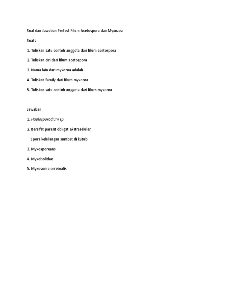 Pretest Soal dan Jawaban tentang Filum Acetospora dan Myxozoa | PDF