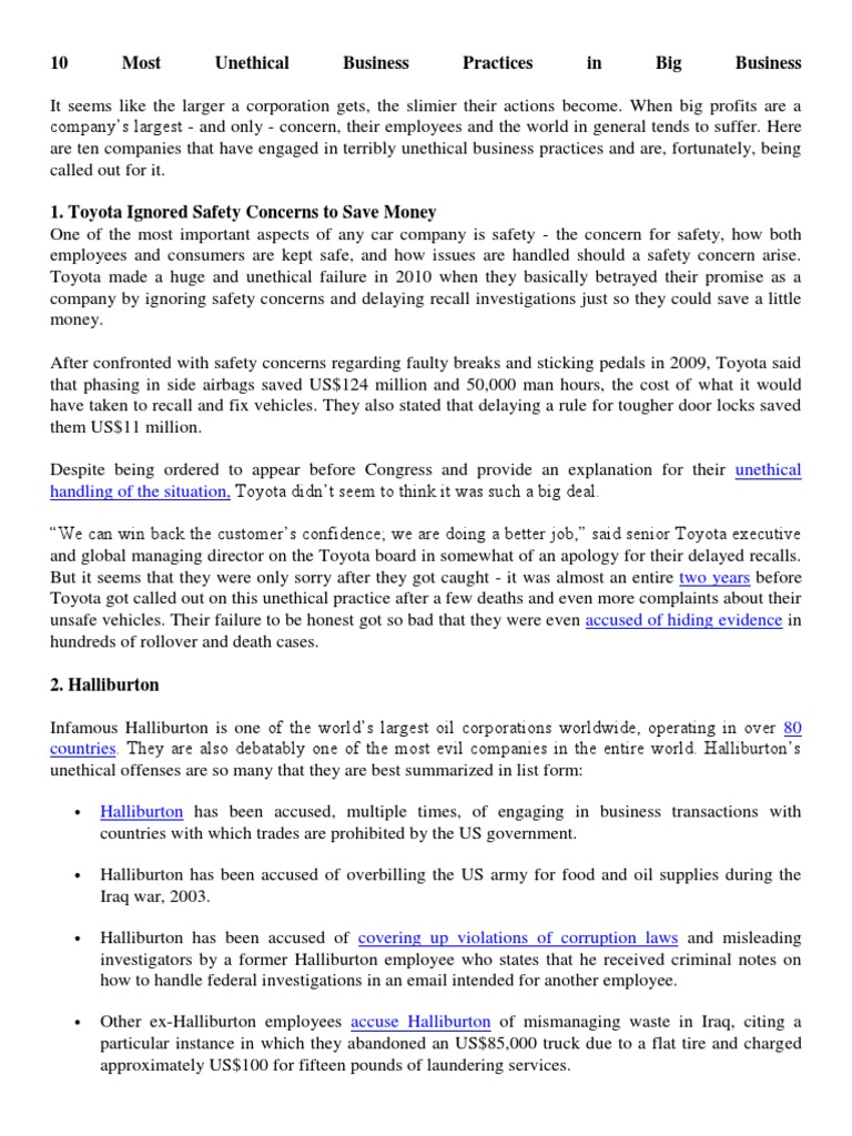 10 Most Unethical Business Practices in Big Business | PDF ...