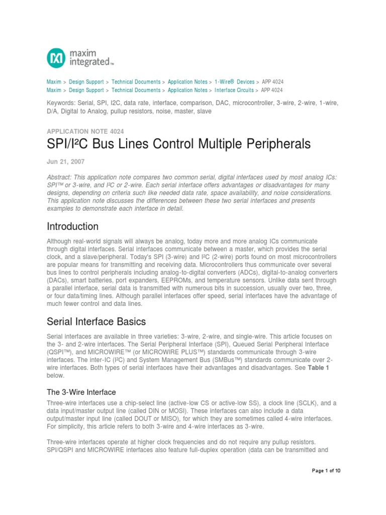 Spi I2c Bus Lines Control Multiple Peripherals Pdf Physical Layer Protocols Electronics 4609