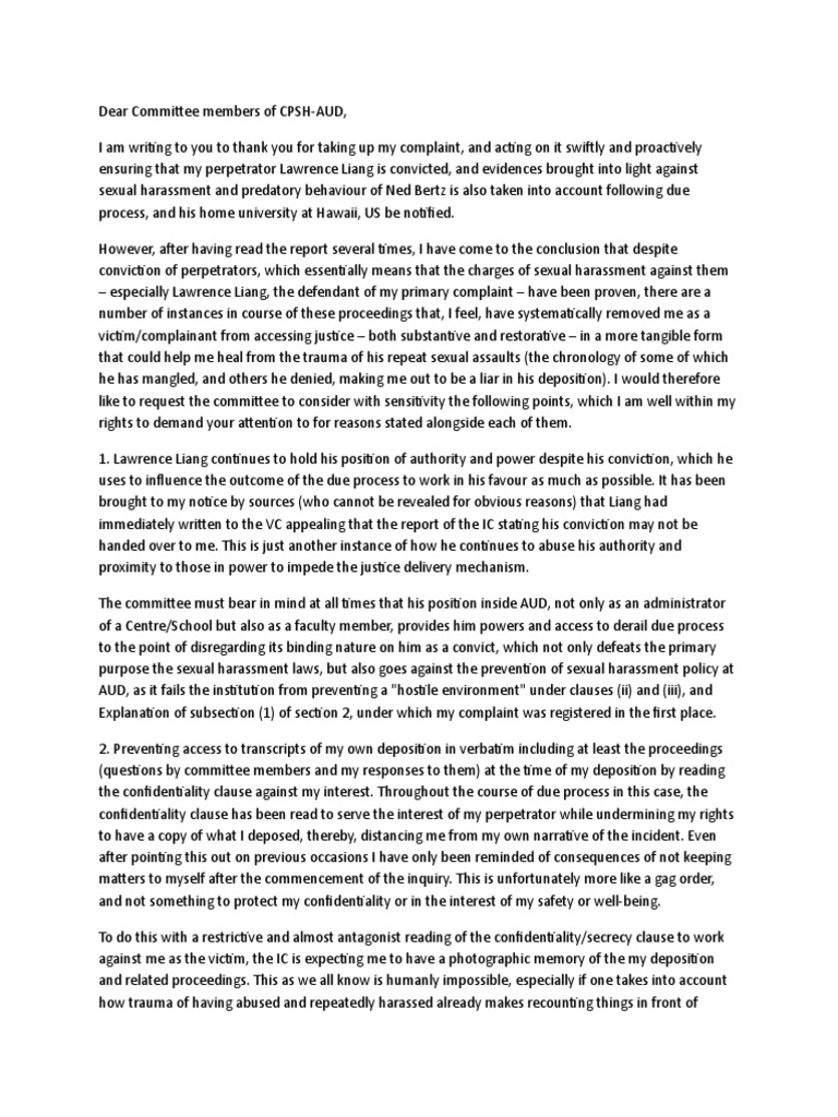 Compainant's Letter To CPSH of AUD | PDF | Sexual Harassment | Harassment