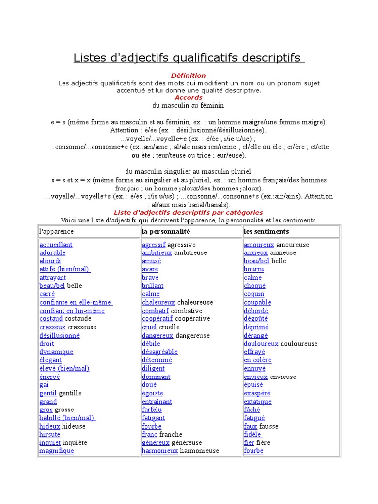 Adjectif qualificatifs | Genre grammatical | Couleur