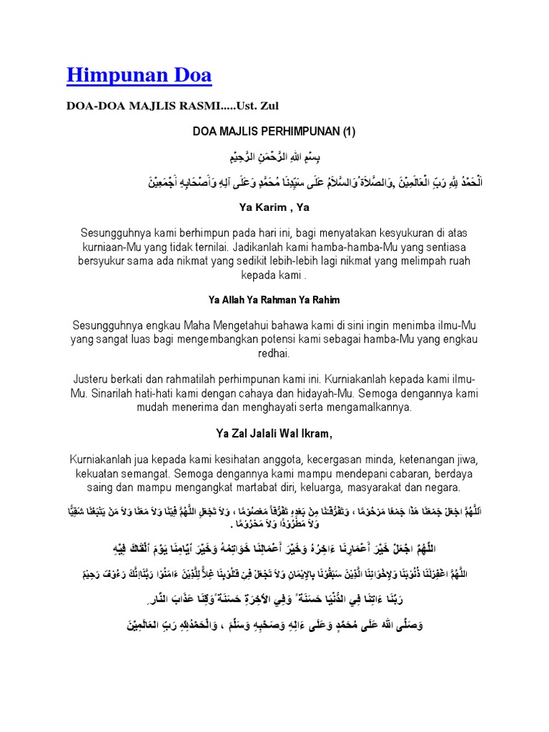 Himpunan Doa: DOA-DOA MAJLIS RASMI..... Ust. Zul | PDF | Seni ...