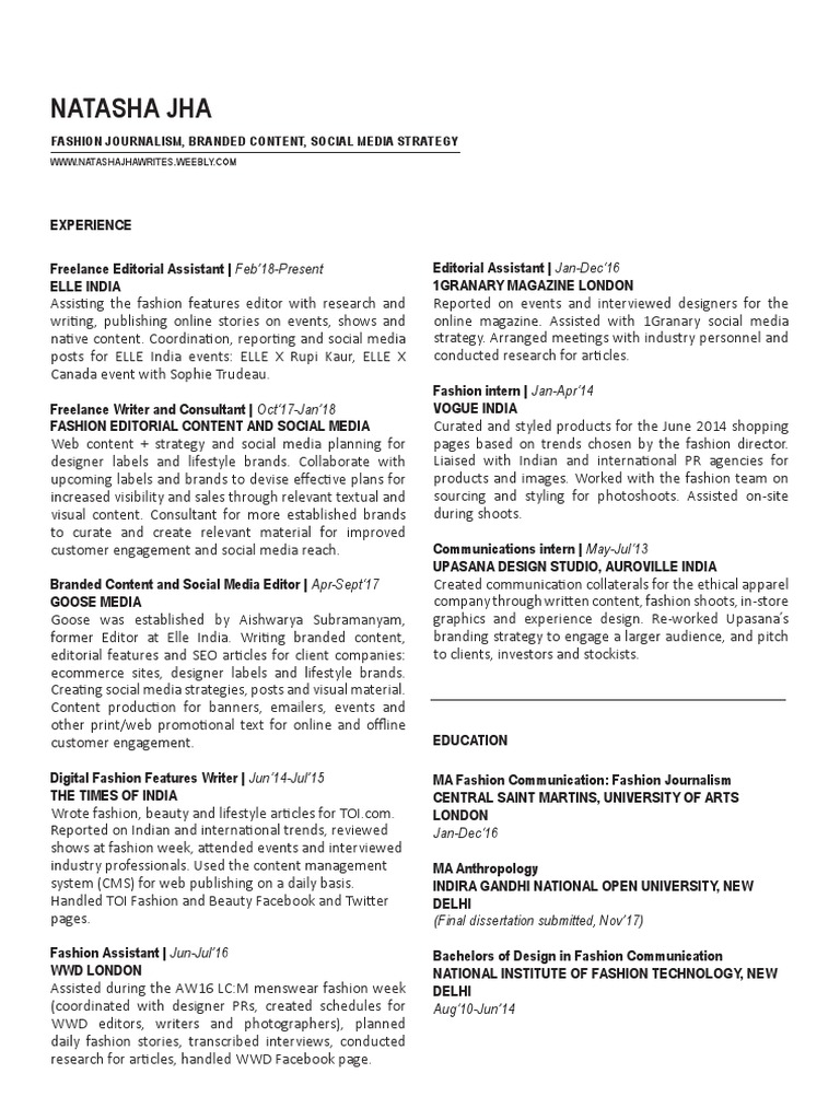 Natasha Jha-Cv | PDF | Fashion | Social Media