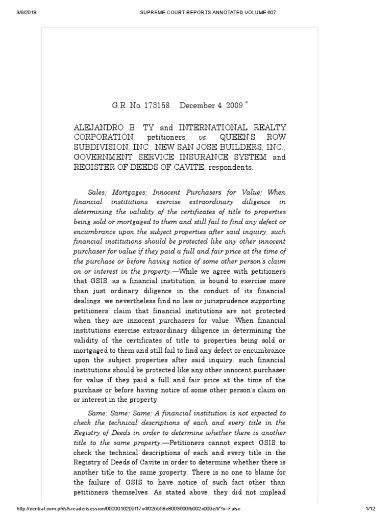 Alejandro B Ty and International Realty Corporation Vs Queens Row ...