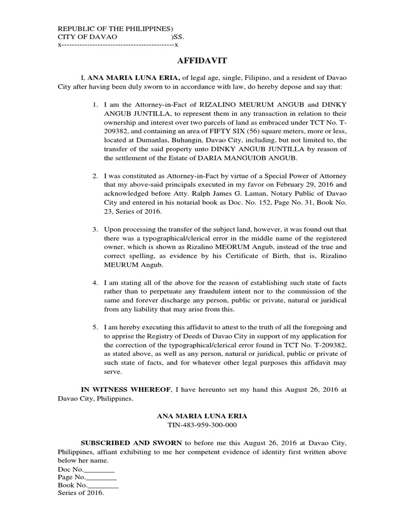 Affidavit Inday RoD Clerical Error | Affidavit | Power Of Attorney