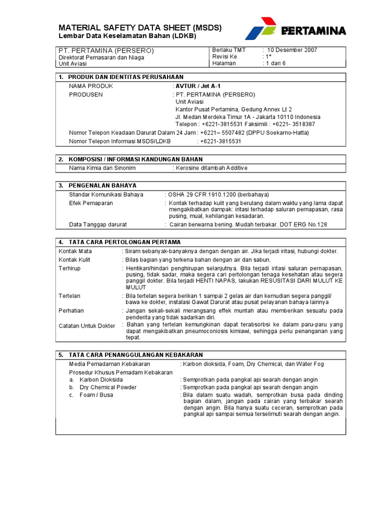 Material Safety Data Sheet (MSDS) Lembar Data Keselamatan Bahan (LDKB ...