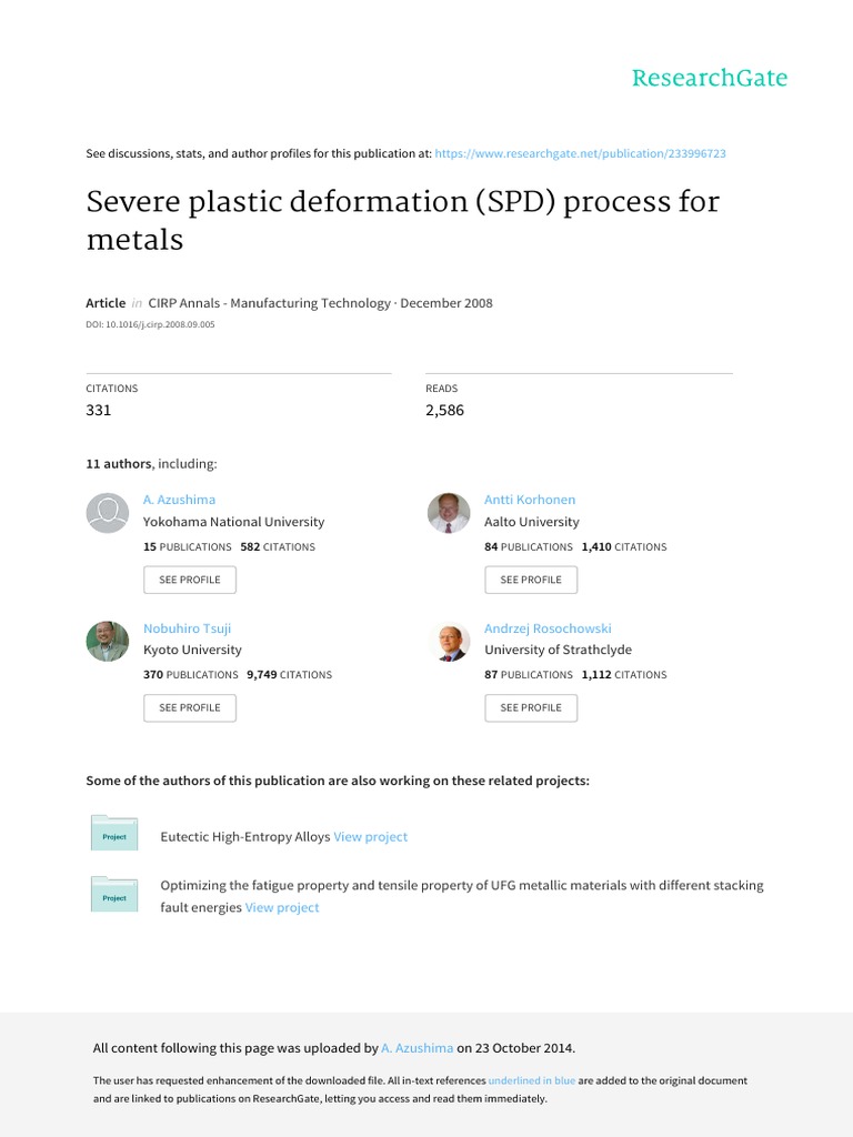 Severe Plastic Deformation SPD Process For Metals | PDF | Extrusion ...