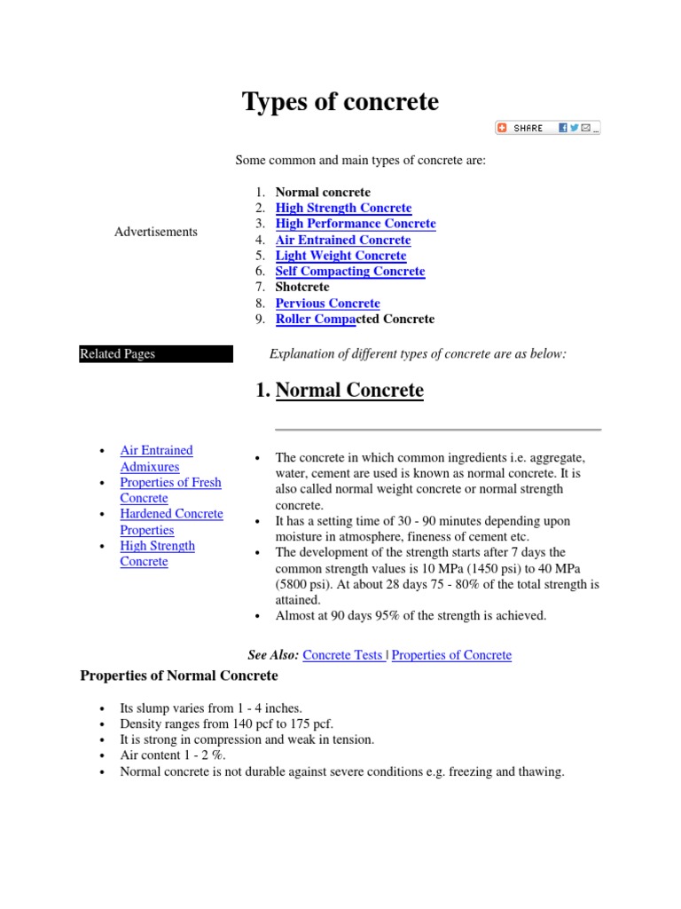 Types of Concrete | PDF | Concrete | Horticulture And Gardening