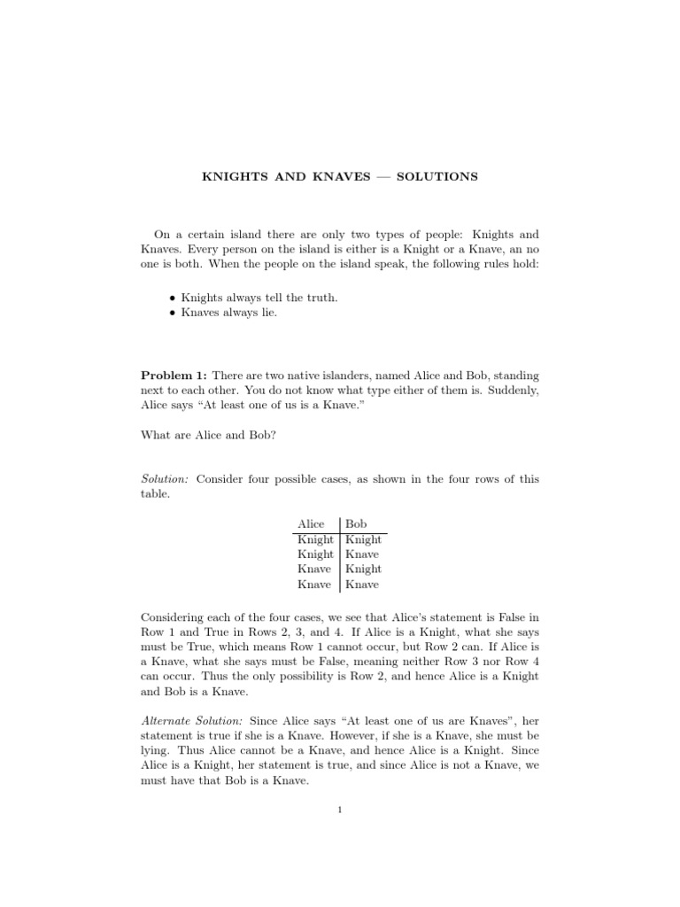 Knights and Knaves Solutions | PDF | Lie | Logic