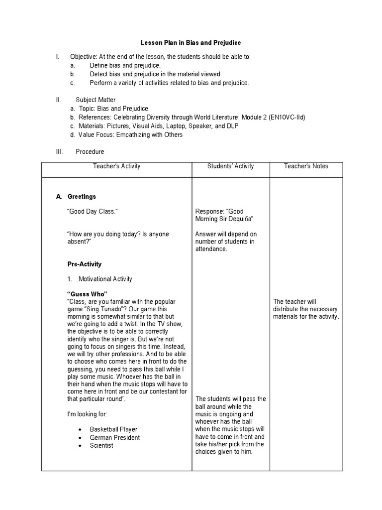Lesson Plan in Bias and Prejudice Classroom Demo | PDF | Prejudices ...