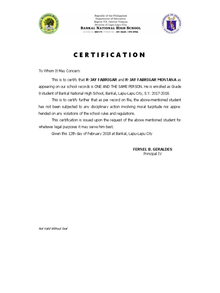 Certification Enrollment One and The Same Person | PDF