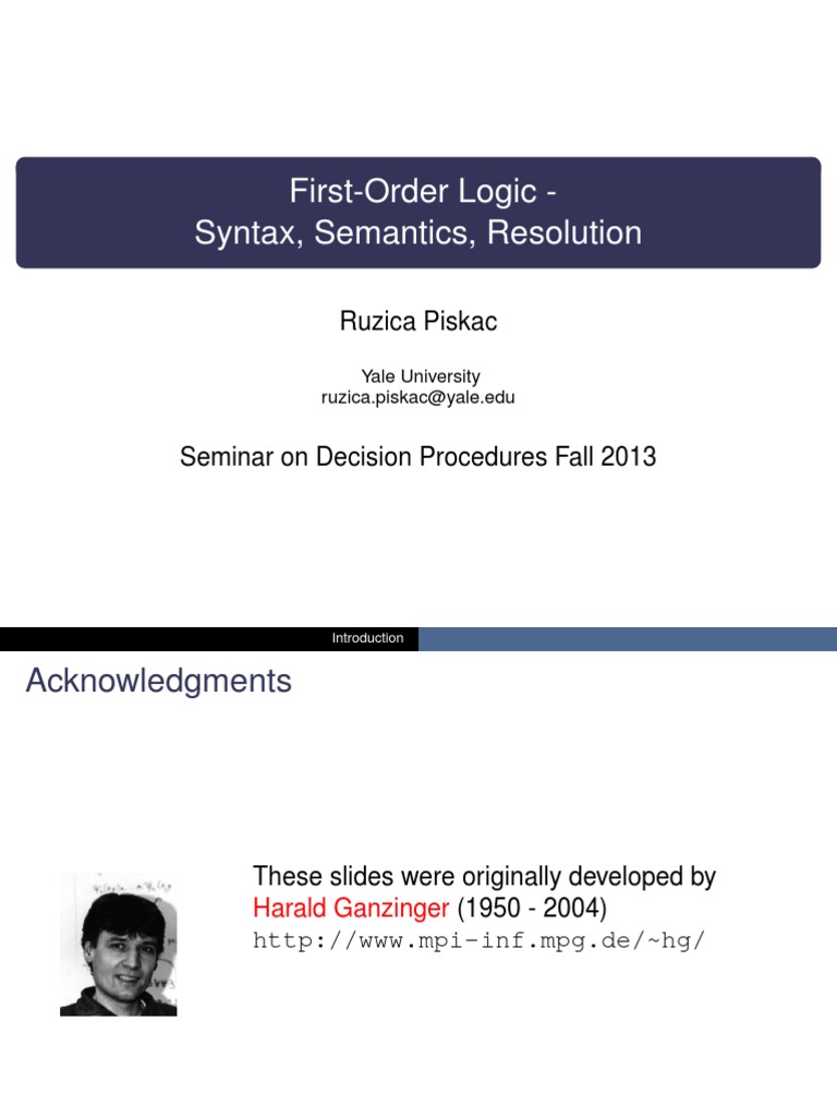 First-Order Logic - Syntax, Semantics, Resolution: Ruzica Piskac | PDF | First Order Logic ...