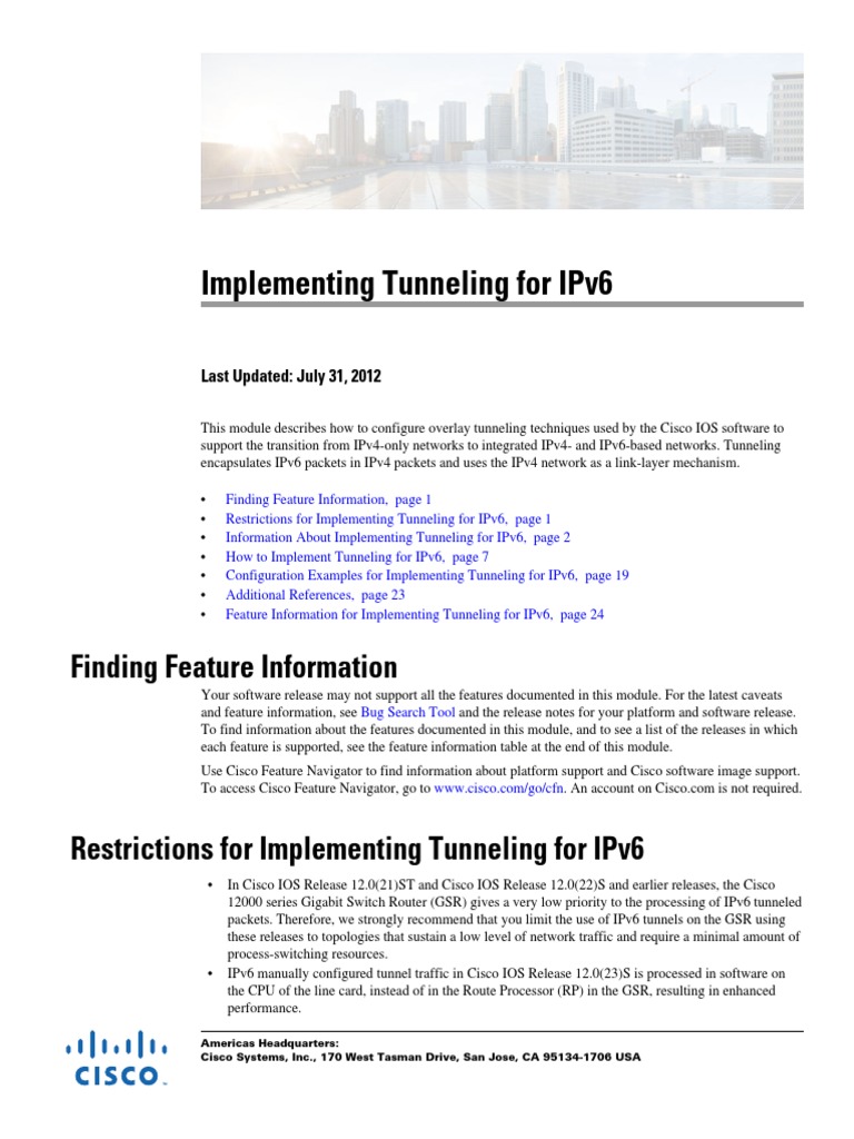 Implementing Tunneling For Ipv6: Finding Feature Information | PDF | I Pv6 | Ip Address