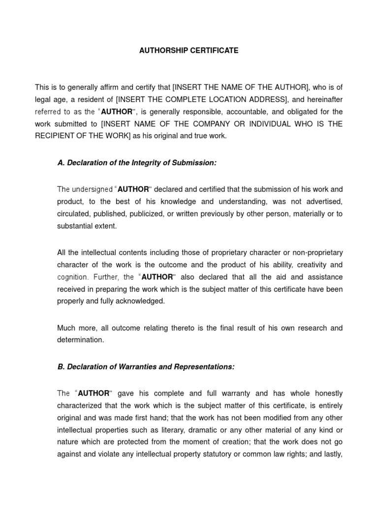 Authorship Certificate | PDF | Intellectual Property | Copyright