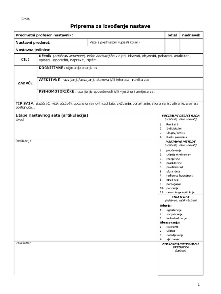 Priprema Nastavnog Sata 1 | PDF