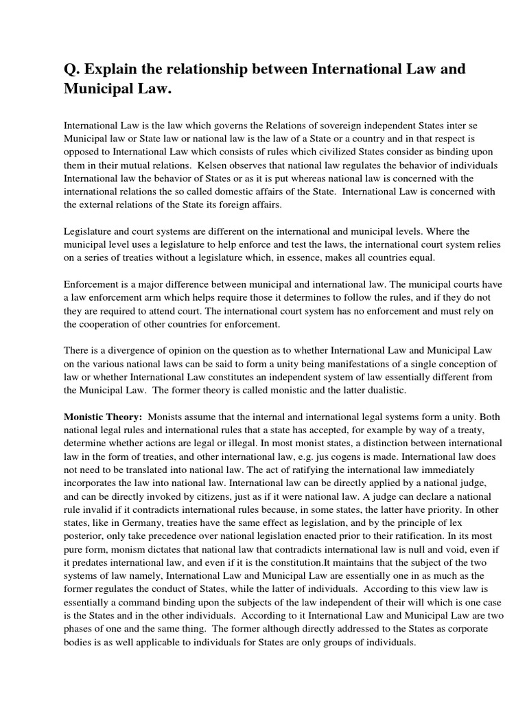 Q. Explain The Relationship Between International Law and Municipal Law | PDF | International ...