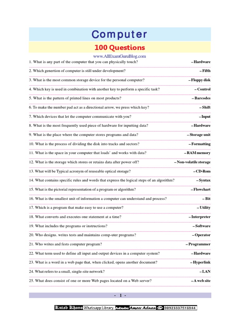 100 Computer Questions | PDF | Computer Data Storage | Disk Storage