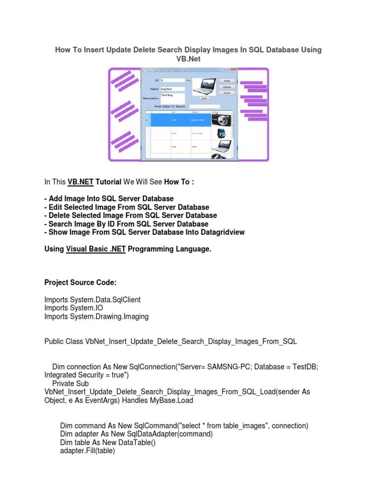 How To Insert Update Delete Search Display Images in SQL Database Using | PDF | Microsoft Sql ...